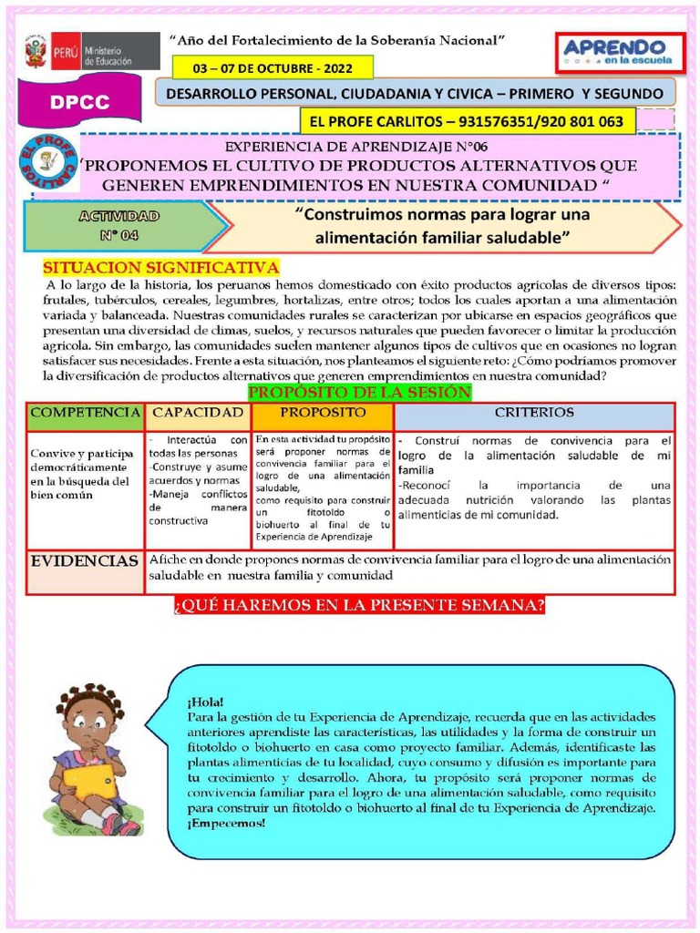 Experiencia de Aprendizaje #06 - Actividad #04 - Desarrollo Personal Ciudadania y Civica - 1ero ...