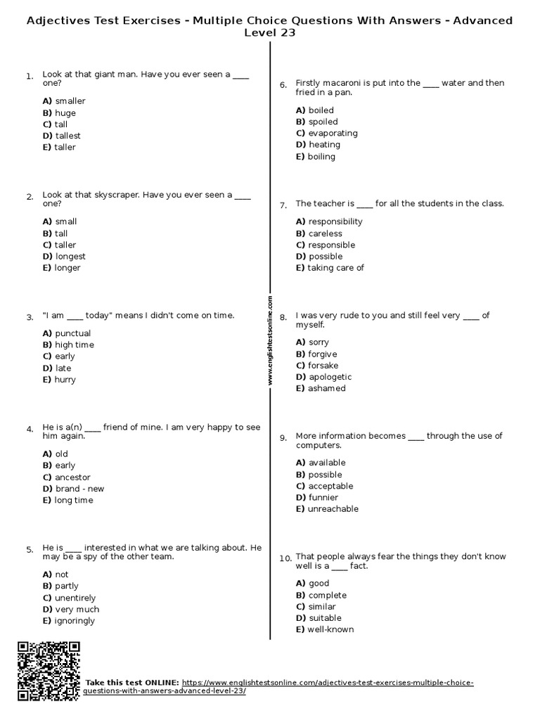 Advanced Adjective MCQ Exercises | PDF | Multiple Choice