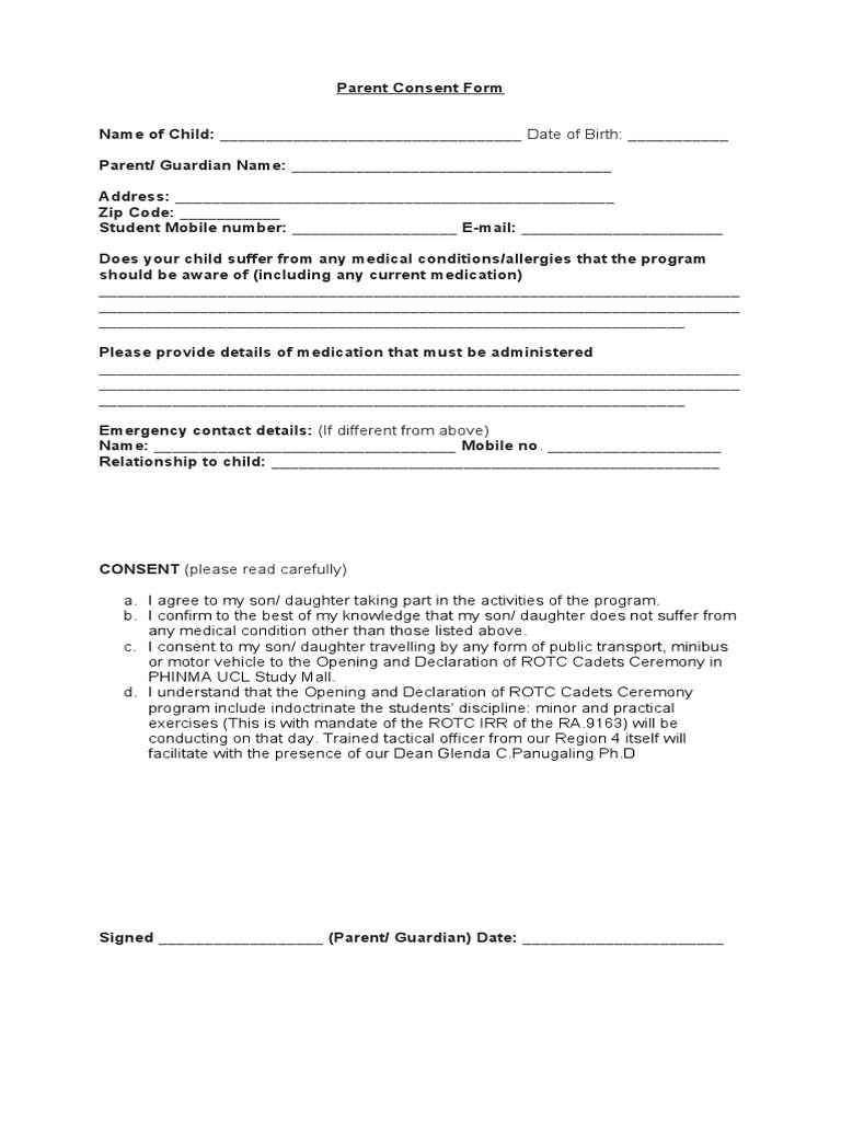 Parent Consent Form Sample | PDF | Self-Improvement