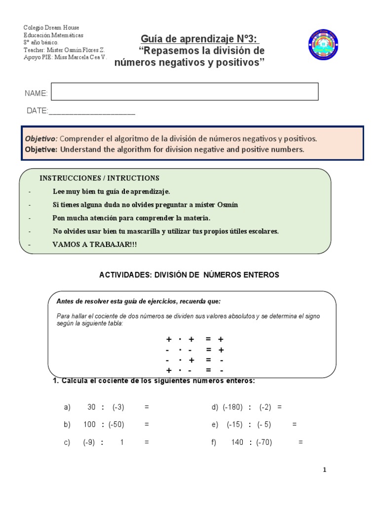 Ficha de Aprendizaje #5 REAPASEMOS DIVISIÓN DE NUMEROS ENTEROS | PDF ...