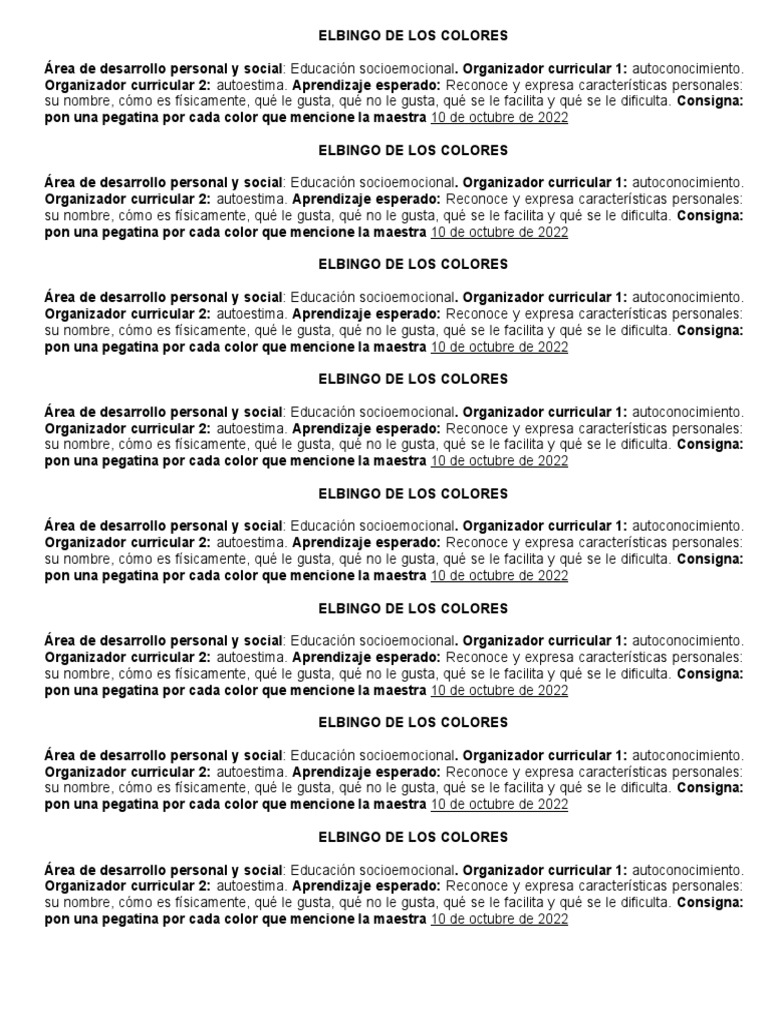 El Bingo de Los Colores | PDF | Aprendizaje | Ciencia cognitiva