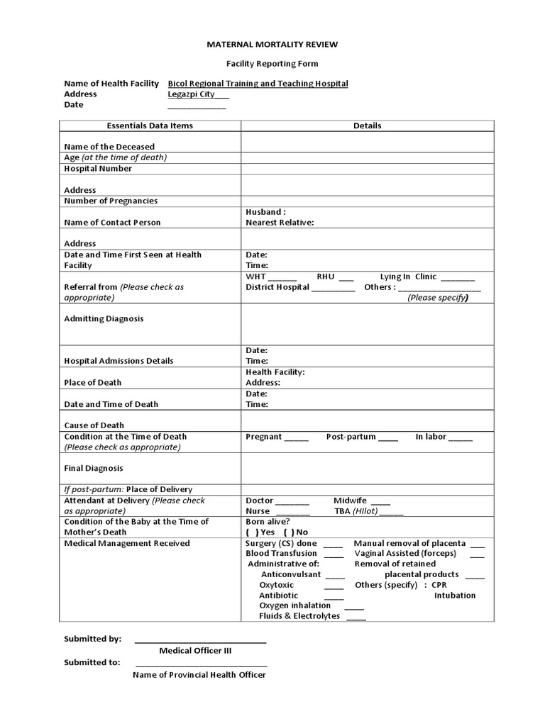 Maternal Mortality Reporting Form | PDF