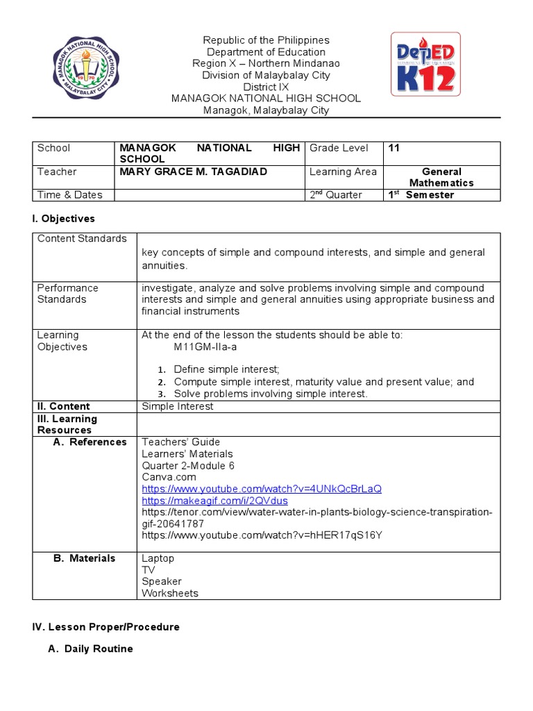 Simple Interest Lesson Plan for Grade 11 | PDF | Interest | Learning