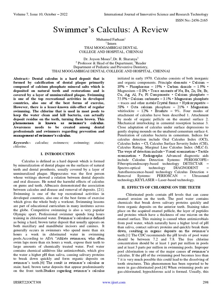 Swimmer's Calculus A Review | PDF | Human Tooth | Tooth Enamel