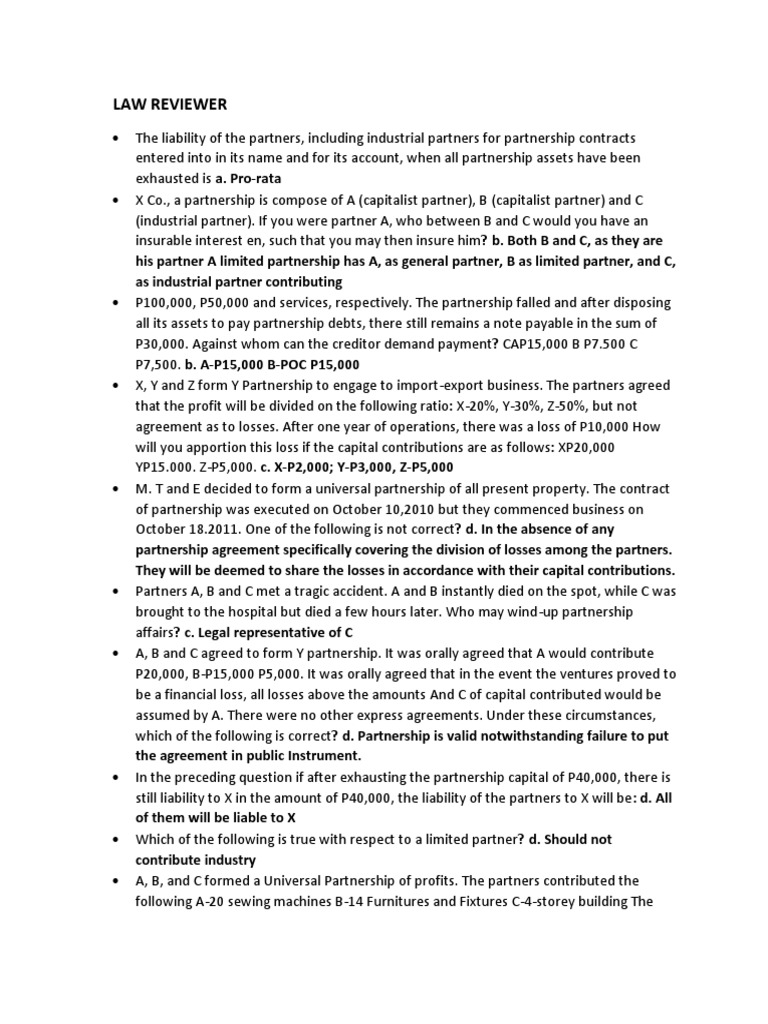 Law REVIEWER | PDF | Partnership | Limited Partnership