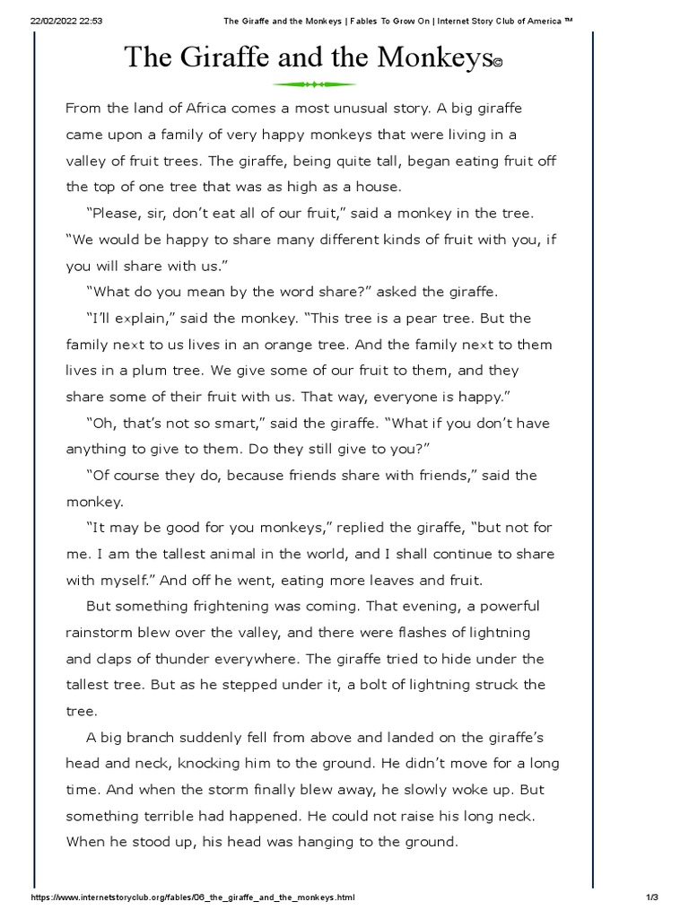 The Giraffe and The Monkeys - Fables To Grow On - Internet Story Club ...