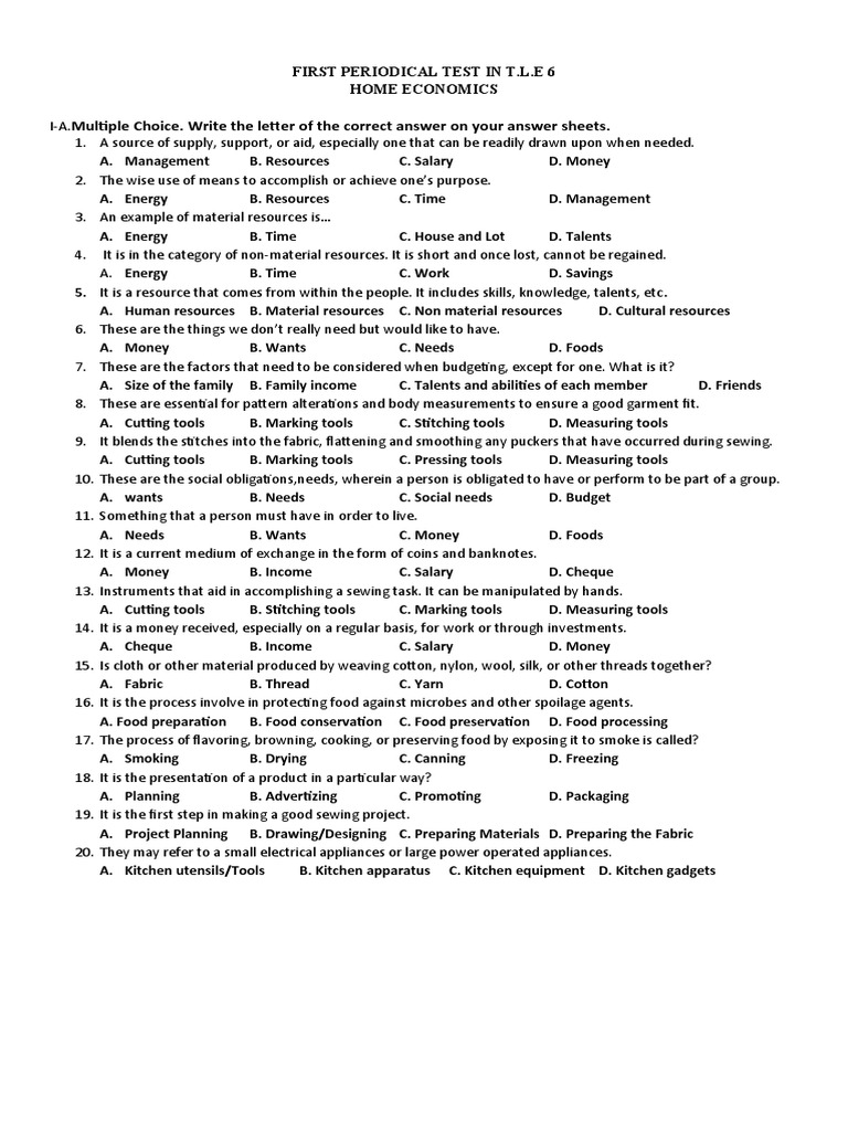 First Periodical Test Tl.e.6 Home Economics Wid Ans Key and Tos | PDF ...