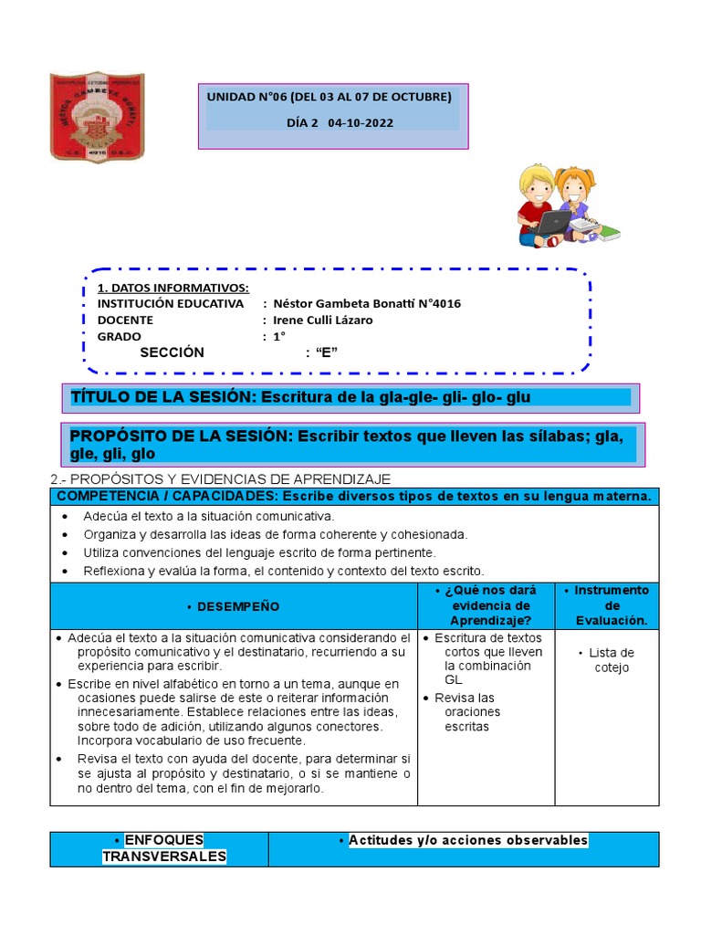 Escritura de Textos con Sílabas GL | PDF | Evaluación | Aprendizaje