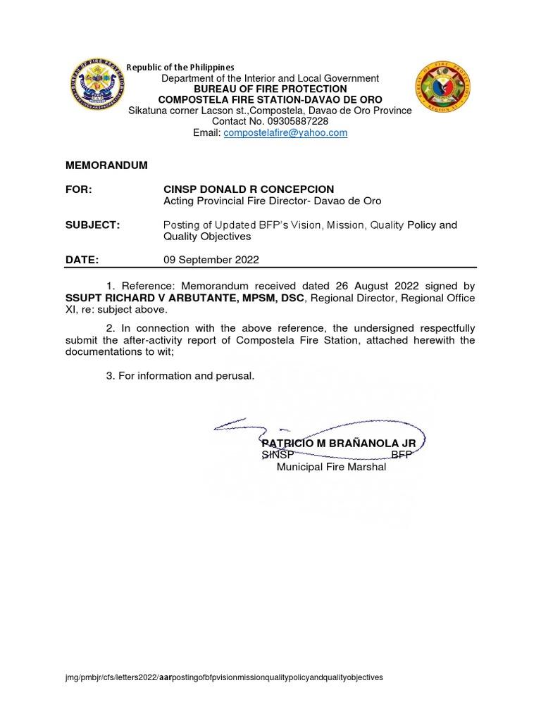 Posting of BFP Vision Mission Quality Policy and Quality Objectives | PDF