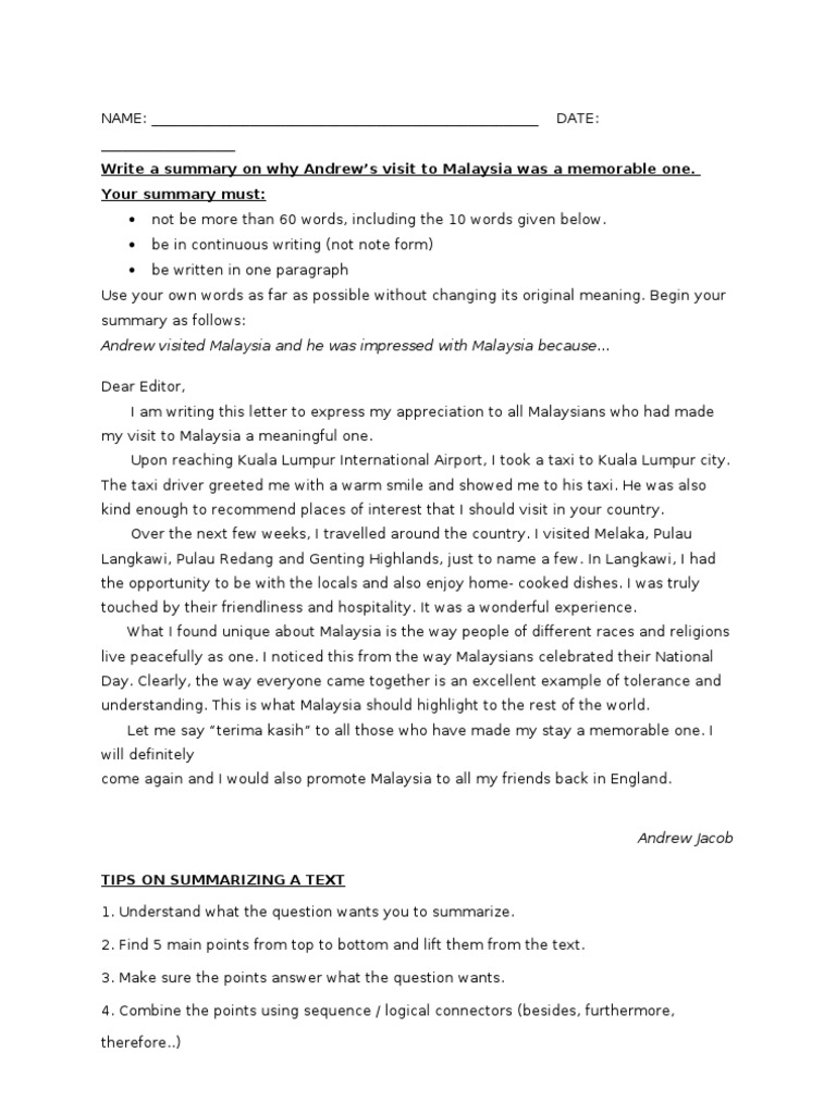 Form 3 Summary Writing Exercise | PDF | Travel | Art