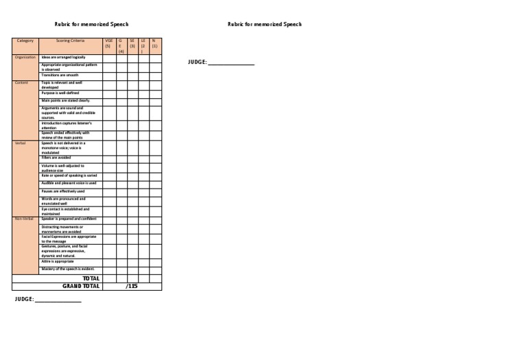 Rubric For Memorized Speech | PDF