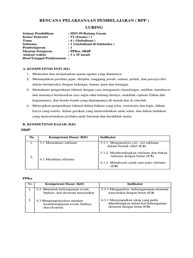 RPP Tema 4 Subtema 1 Pembelajaran 1 Model PBL | PDF