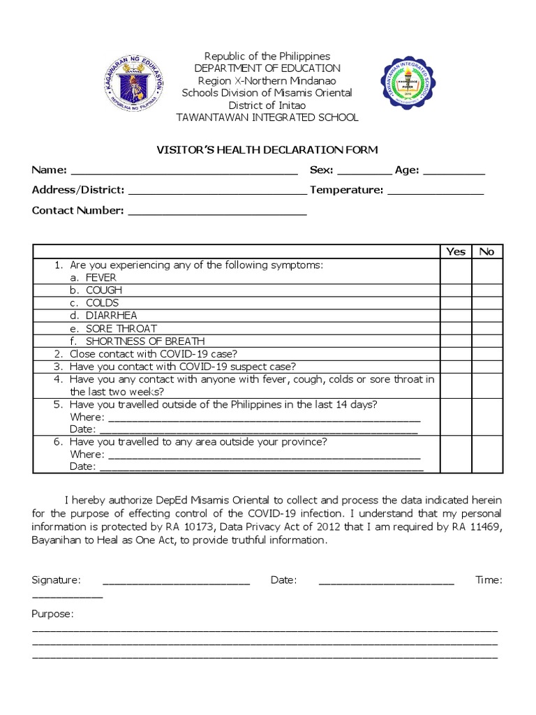 Visitors Health Declaration Form | PDF