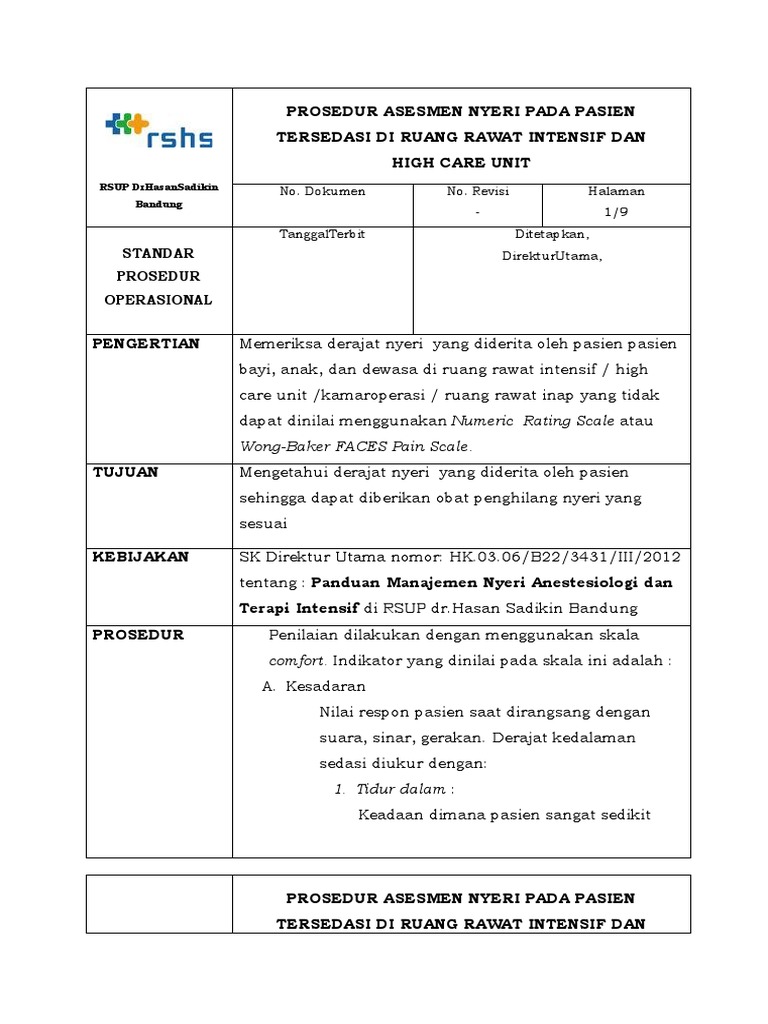 SOP Prosedur Asesmen Nyeri Pada Pasien Tersedasi Di Ruang Rawat Intensfi Dan HCU | PDF