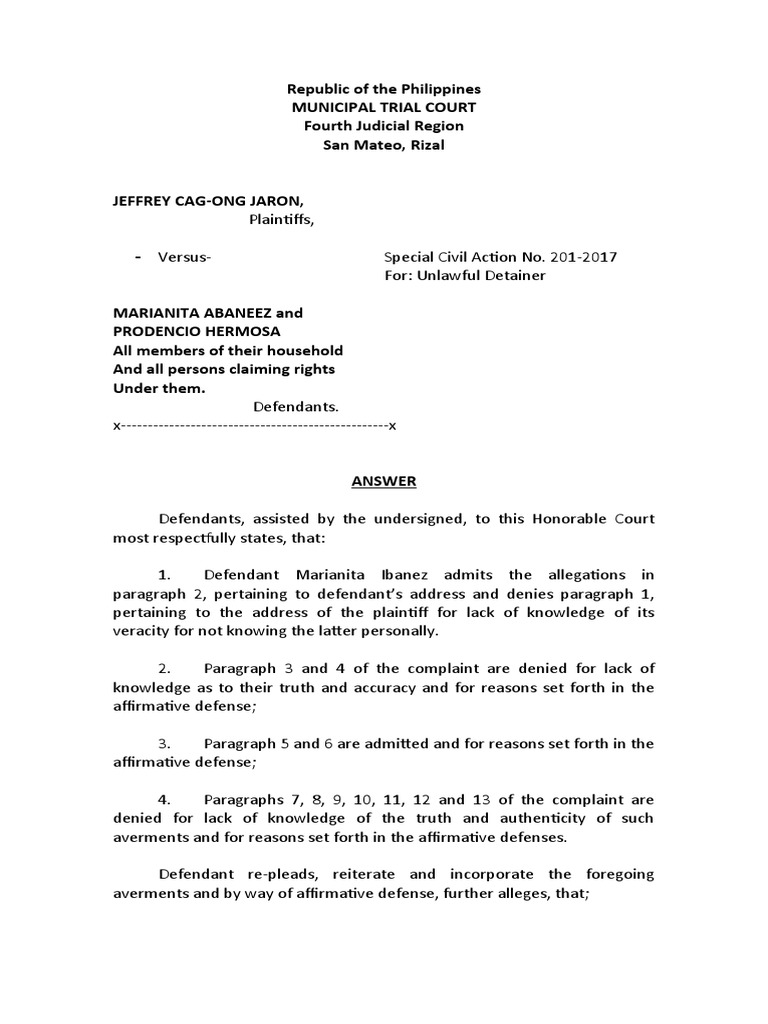 Answer Ejectment Unlawful Detainer | PDF | Lawsuit | Justice