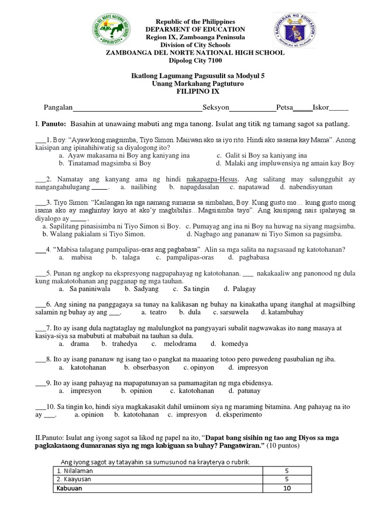 Fil9 Q1 Ikatlong-Lagumang-Pagsusulit | PDF
