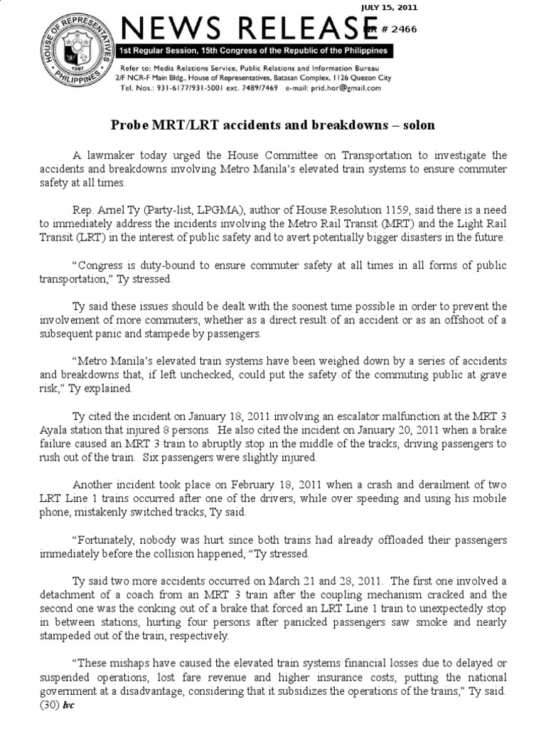 July 15.2011 - Probe MRT-LRT Accidents and Breakdowns - Solon | PDF ...