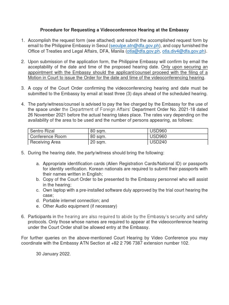 Procedure and Request Form For Videoconference Hearing | PDF ...