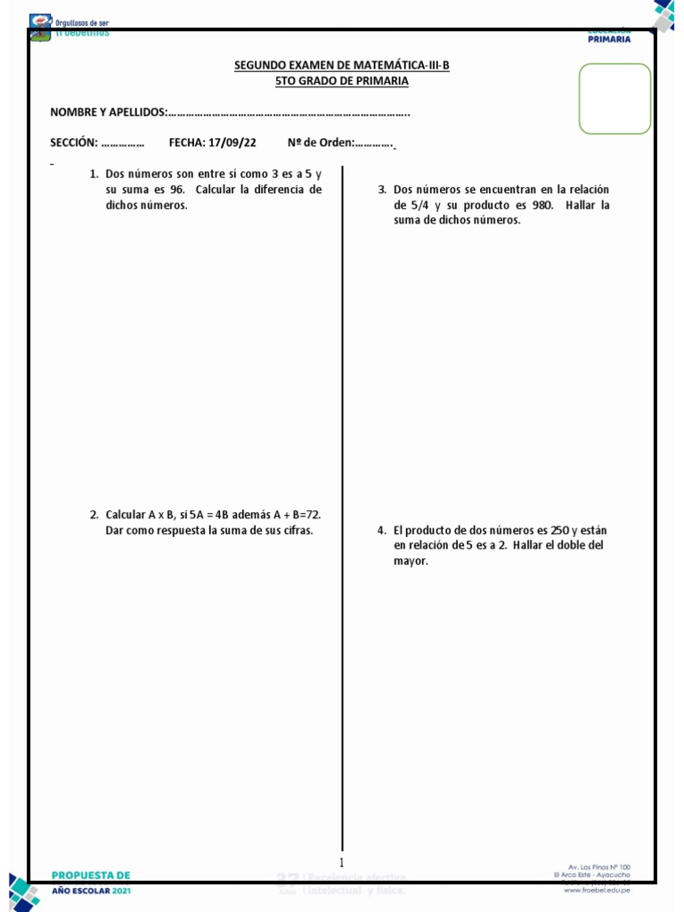 Examen de Matematica 5to Primaria | PDF