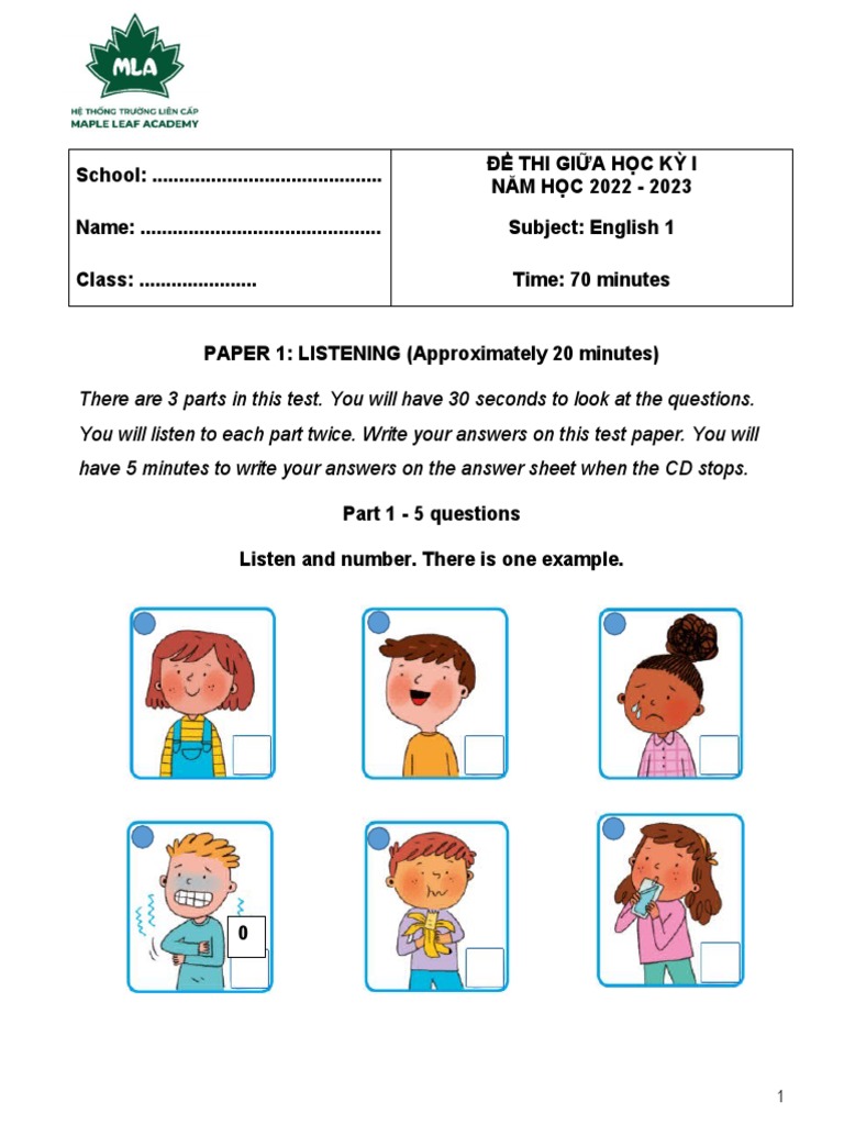 Grade 1 - Mid-Semester 1 Test | PDF