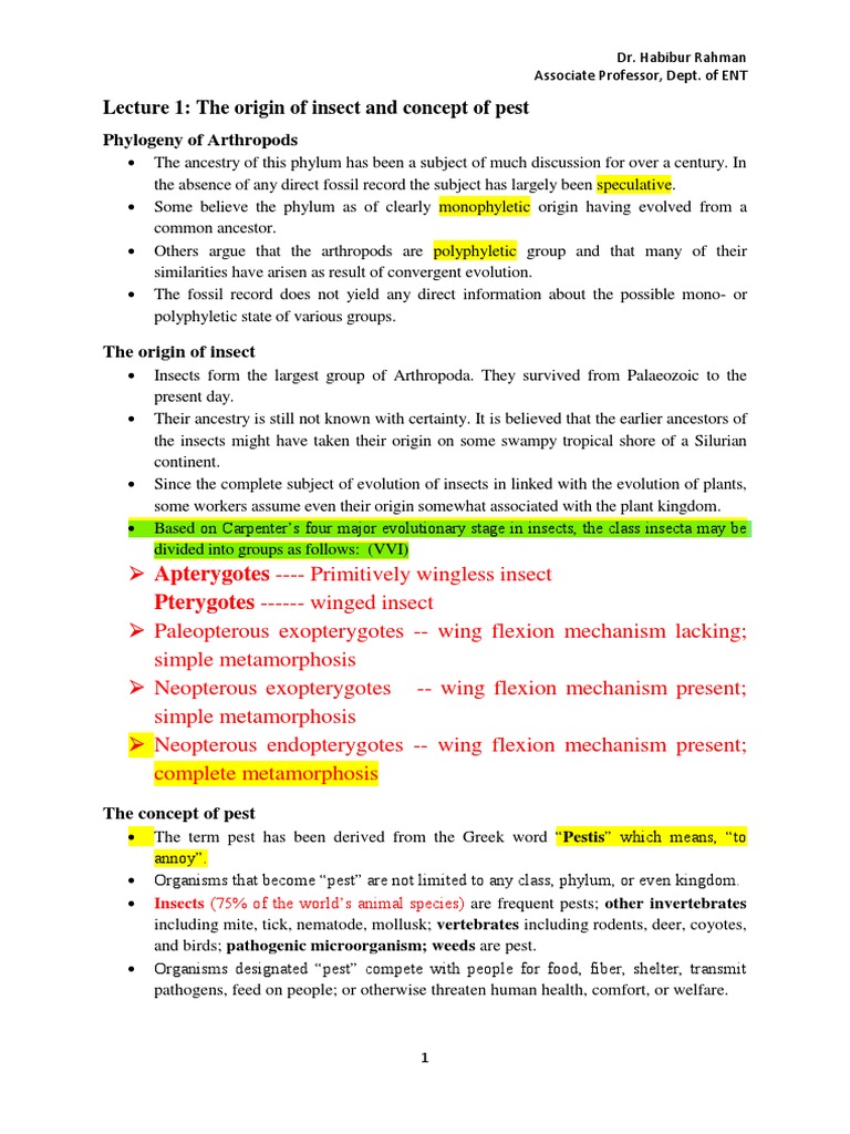 Lecture 1 The Origin of Insect and Concept of Pest | PDF | Pest ...