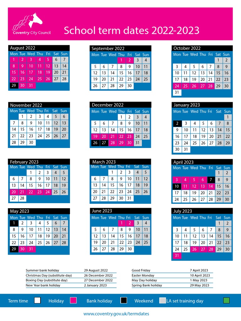 2022-2023 School Term Dates and Holiday Calendar for Coventry | PDF ...
