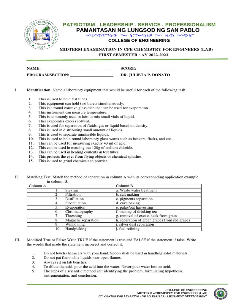 Chemistry Lab Midterm Exam Guide | PDF | Liquids | Laboratories