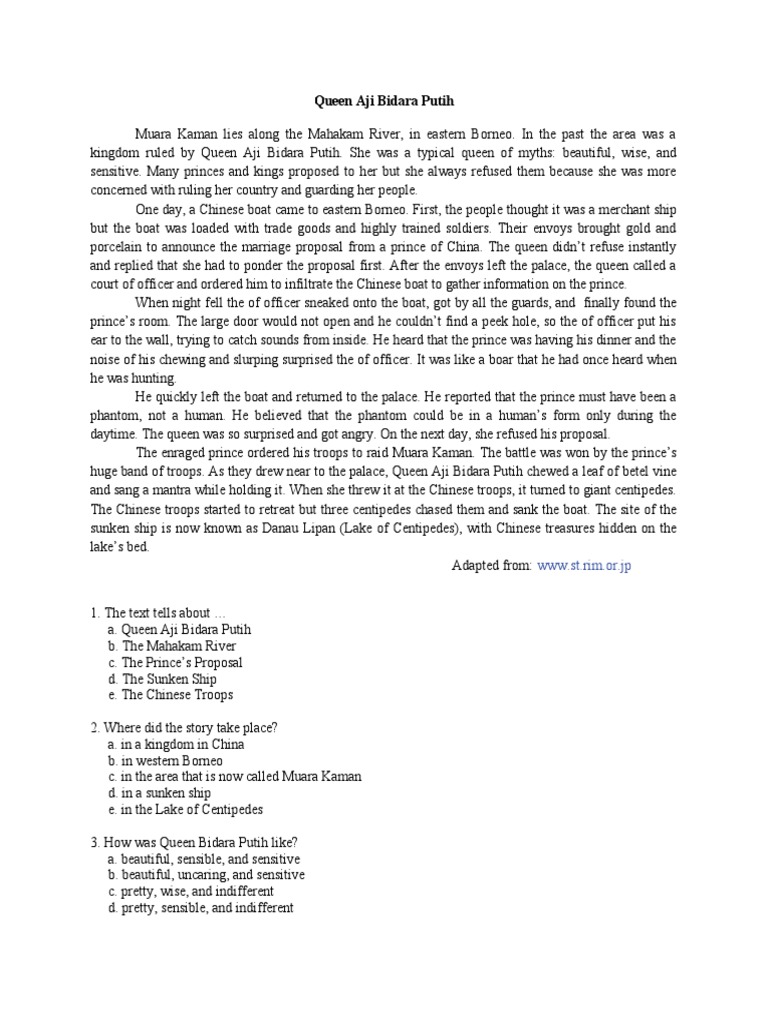 Exercise of Narrative Text Queen Aji Bidara Putih | PDF