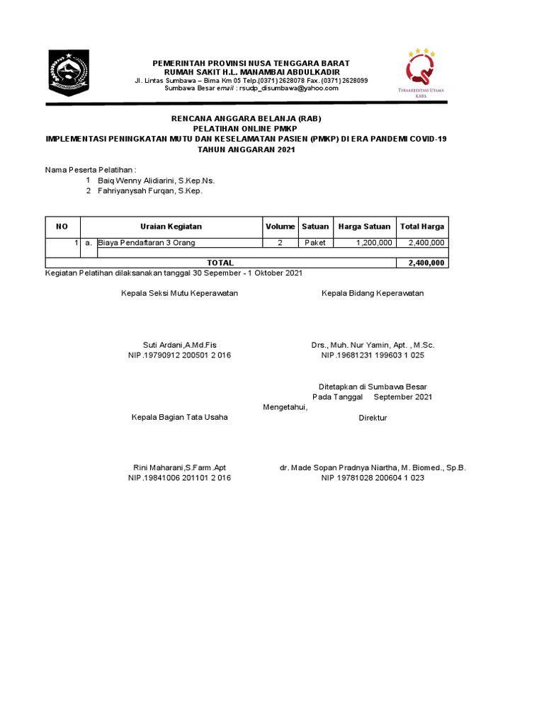 RAB Pelatihan PMKP 2021 Sumbawa | PDF