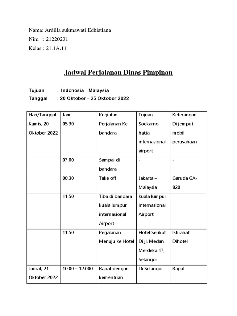 Jadwal Perjalanan Dinas Pimpinan (Ardilla Sukmawati) 1 | PDF