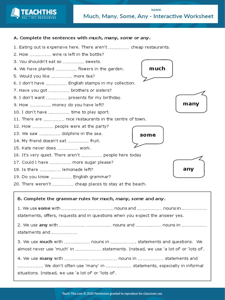Much, Many, Some, Any Interactive Worksheet | PDF | Language Arts ...