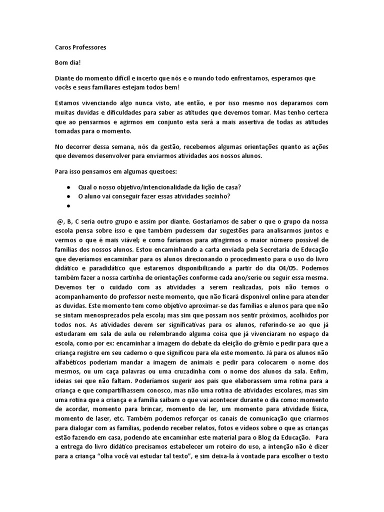 Carta Da Escola para Os Professores | PDF | Família | Escolas