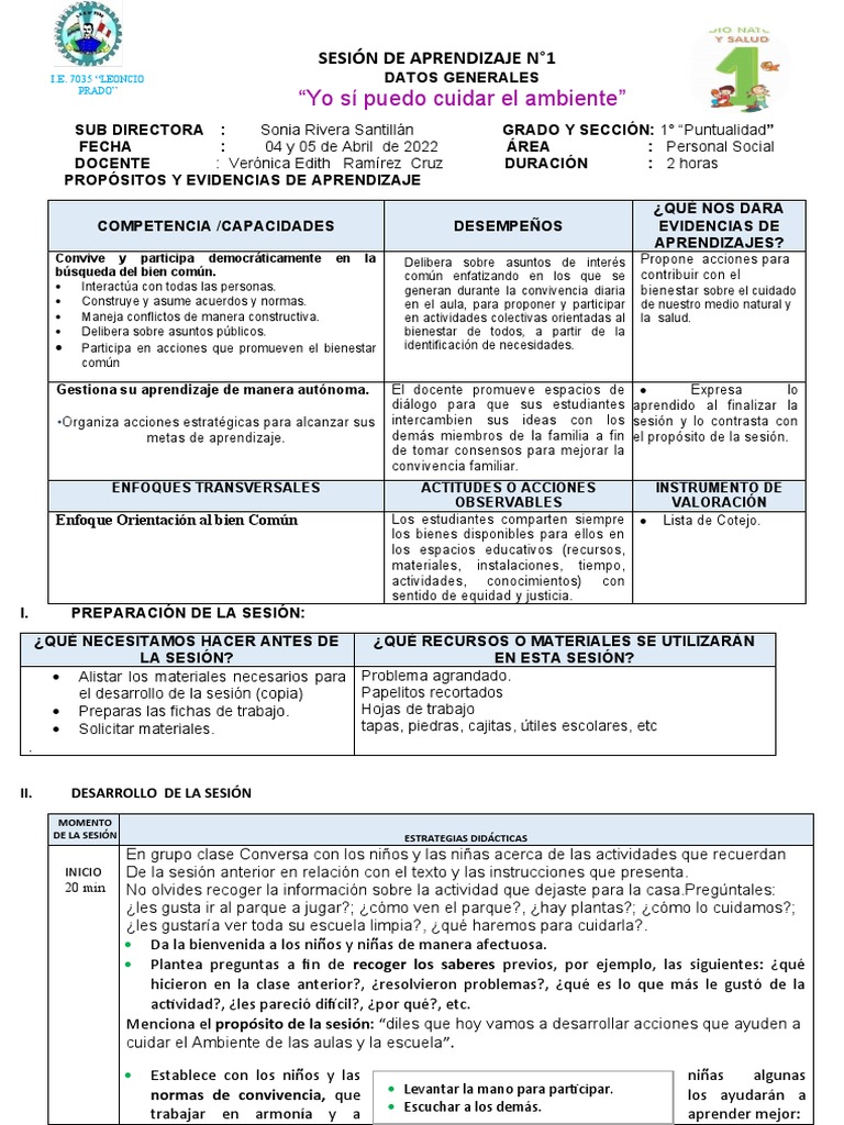 Cuidando nuestro medio ambiente: Una sesión de aprendizaje para promover el cuidado del entorno ...