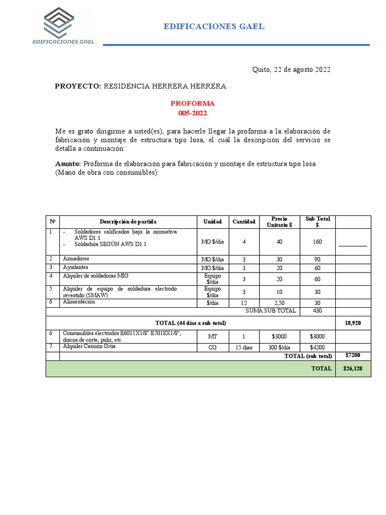 Copia de PROFORMA 005-2022 | PDF | Soldadura | Construcción