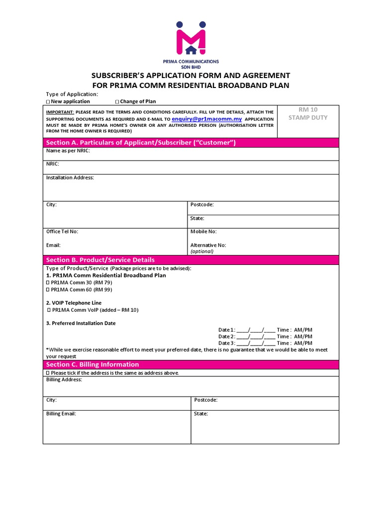 30 and 60 Mbps - PR1MA COMM BROADBAND SUBSCRIBER'S APPLICATION FORM ...