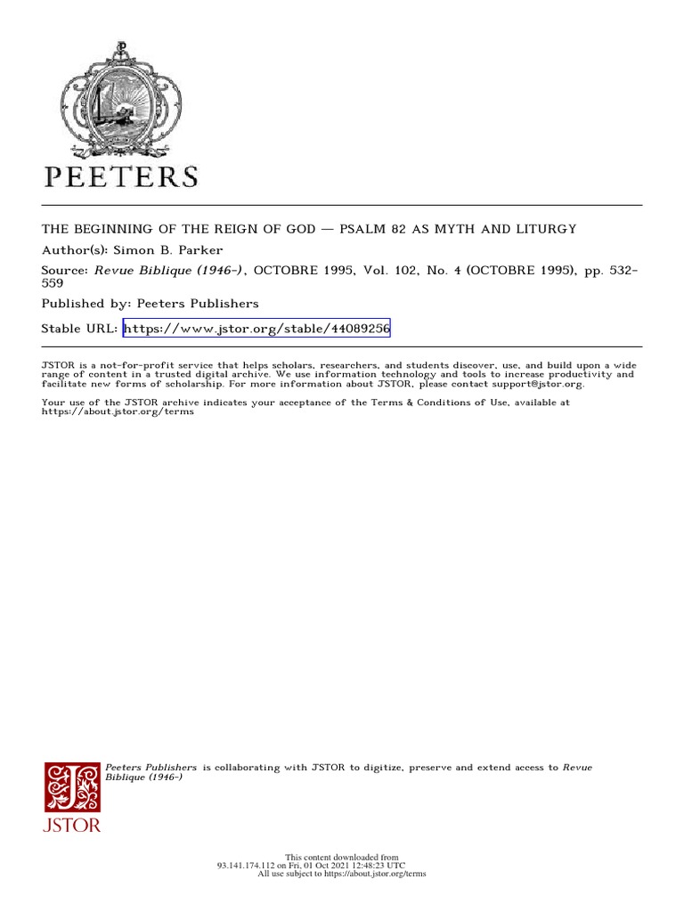 Simon B. Parker (1995) - The Beginning of The Reign of God - Psalm 82 As Myth and Liturgy. Revue ...