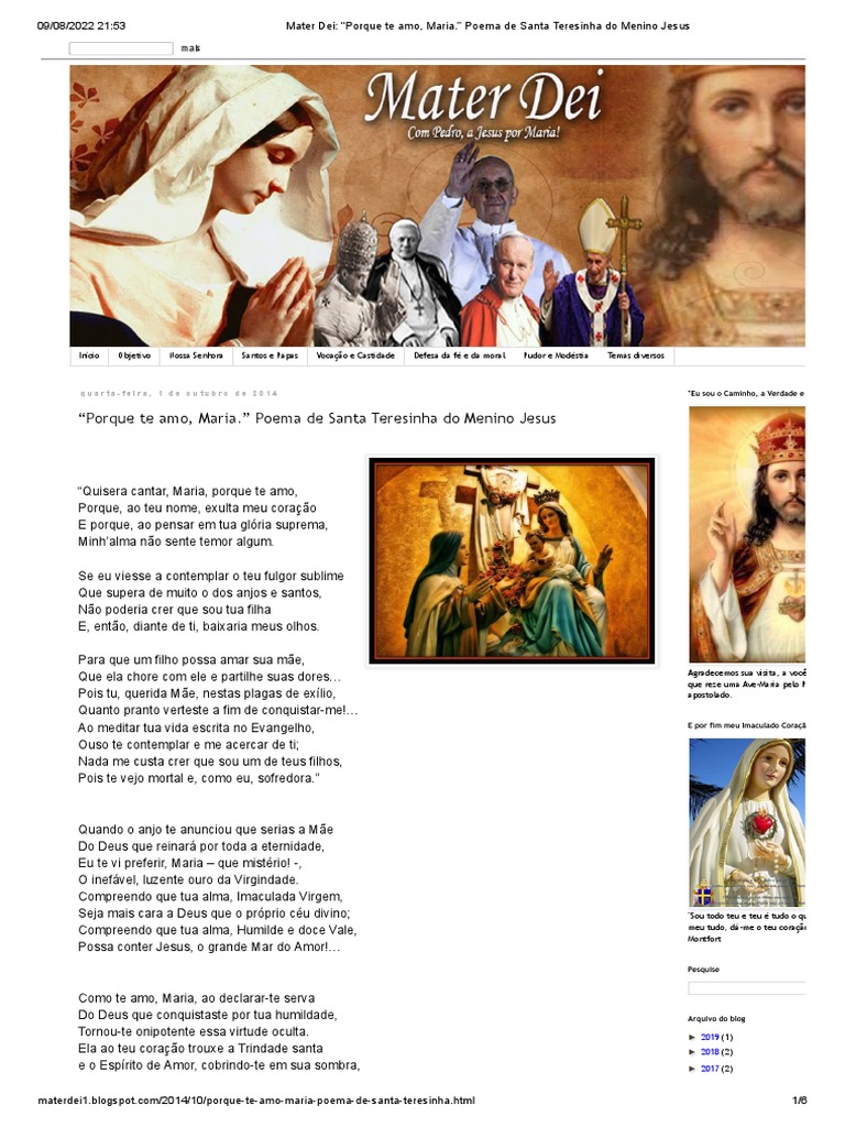 Mater Dei - "Porque Te Amo, Maria." Poema de Santa Teresinha Do Menino Jesus | PDF | Maria, mãe ...