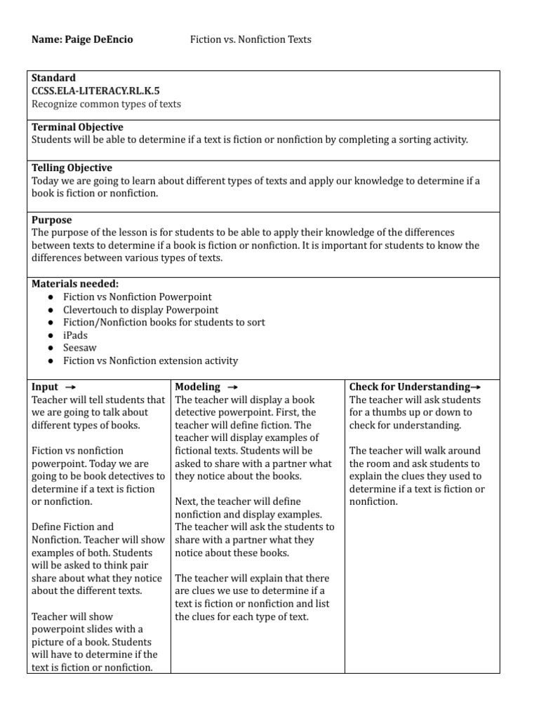 Fiction vs Nonfiction Lesson Plan | PDF | Teachers | Differentiated ...