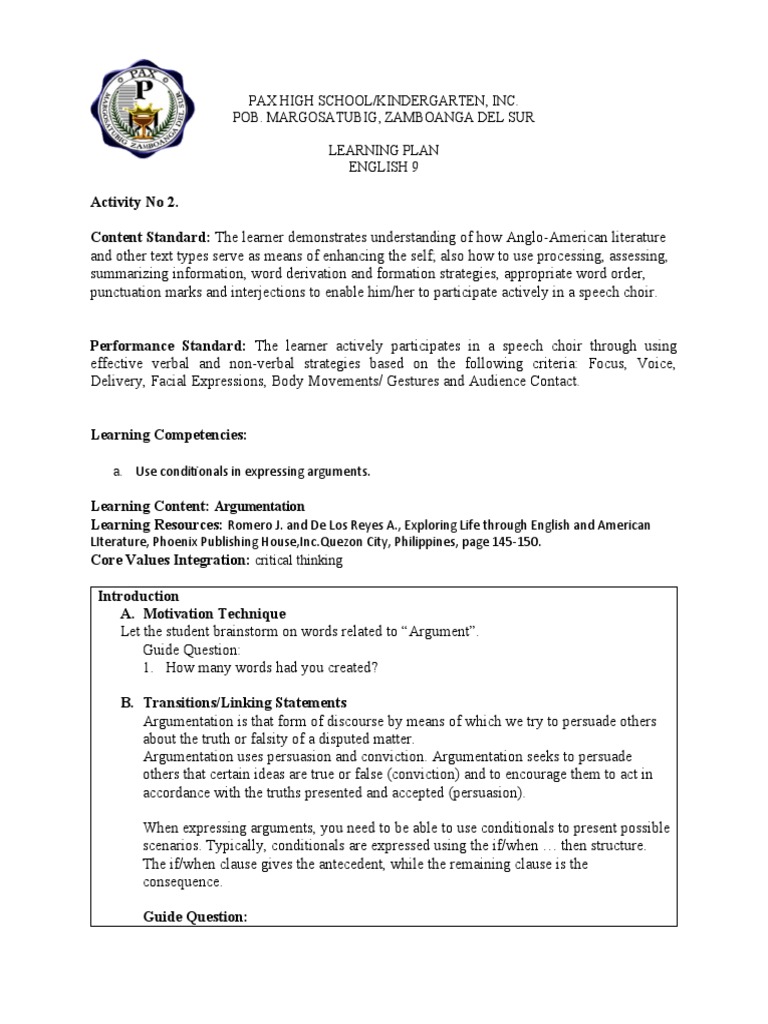 Eng 9 LP 2 | PDF | Argument | Learning