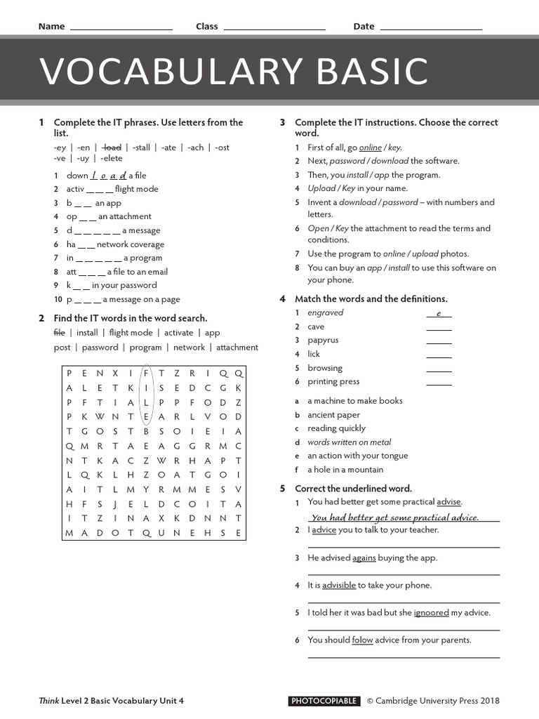 Think - l2 - Unit 4 - Vocabulary - Basic | PDF | Password | Communication