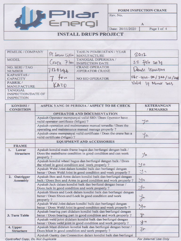 Hasil Inspeksi Crane 7 Ton | PDF