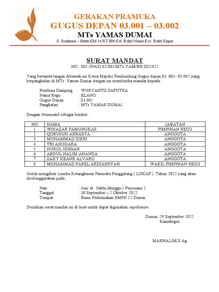 Surat Mandat Pramuka MTs Yamas Dumai | PDF