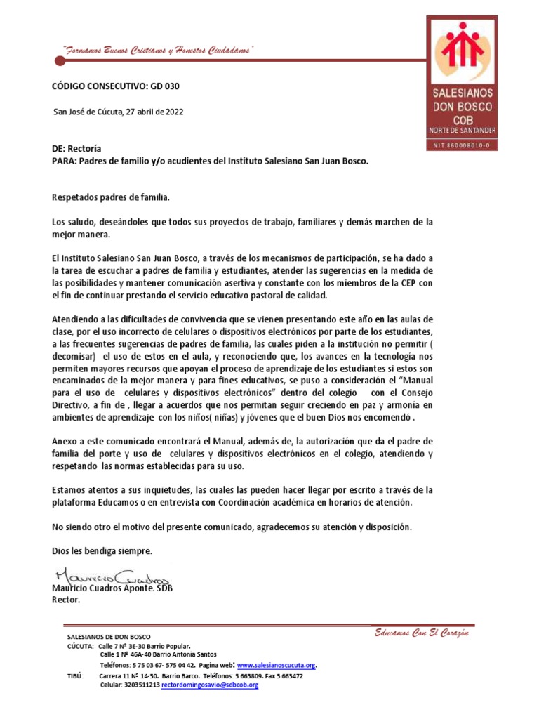 GD 030 COMUNICADO Uso de Celulares | PDF