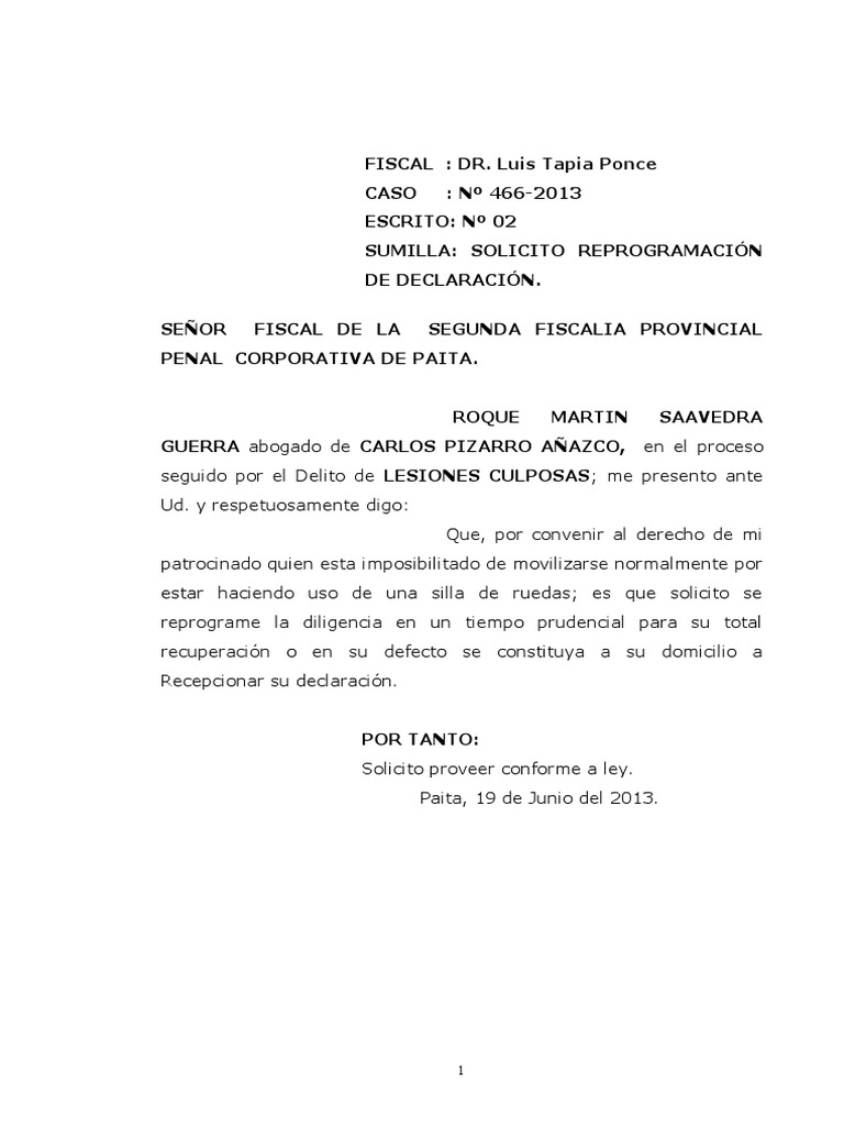 Escrito Solicito Reprogramacion Fiscalia Carlos Pizarro | PDF