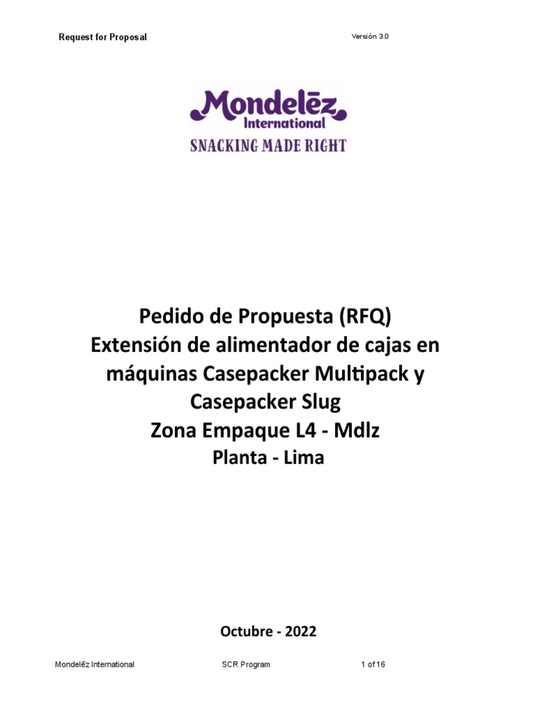 RFQ - Extensión de Alimentador de Máquinas Casepacker Slug y Multipack ...