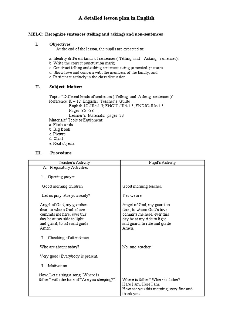 Telling and Asking Sentences Lesson Plan | PDF