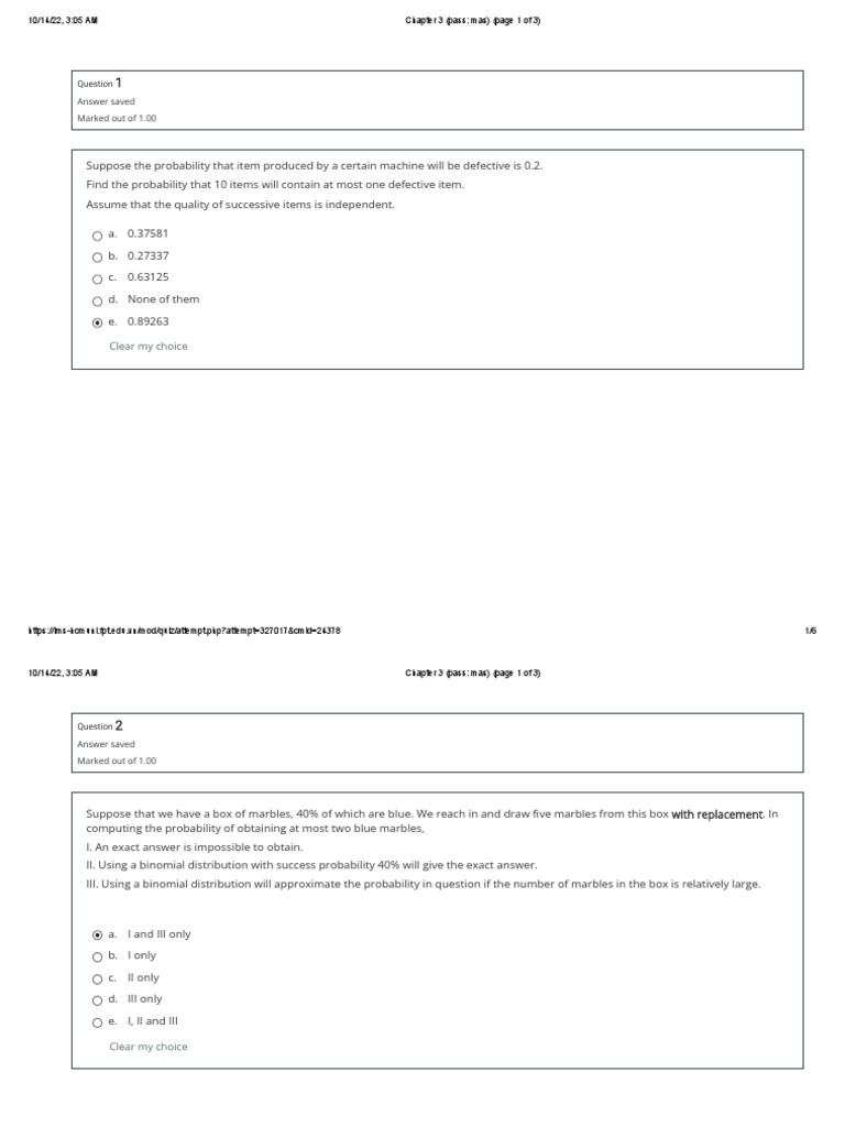 Answer Saved Marked Out of 1.00: Clear My Choice | PDF | Probability Distribution | Probability ...