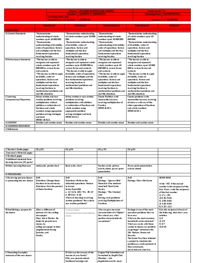 DLL Mathematics-5 Q1 W8 | PDF | Learning | Cognition