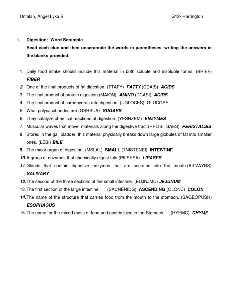 Digestion Worksheet HARRNGTON GRP A | PDF | Human Digestive System ...