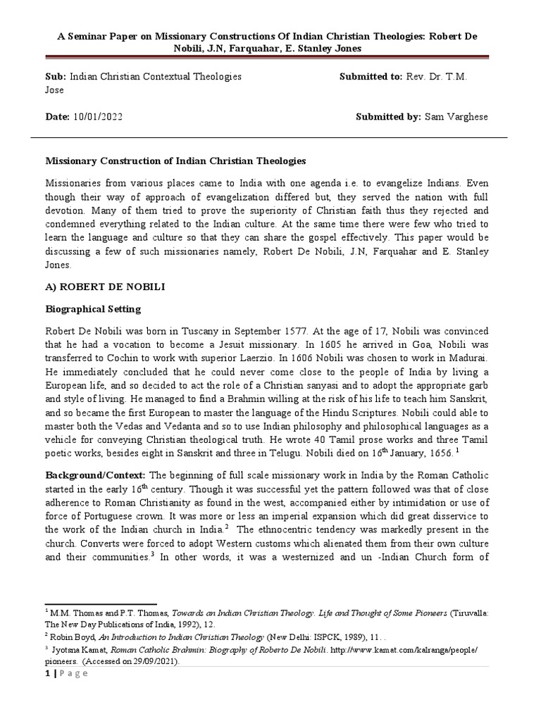 A Seminar Paper On Missionary Constructions of Indian Christian ...